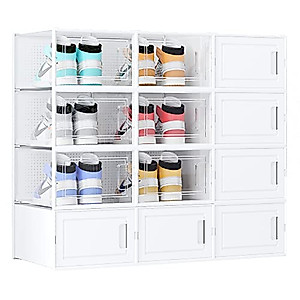 WAYTRIM 12 Pack Stackable Storage Shoe Box Foldable Sneaker Storage Box, Stackable Storage Bins Shoe Container Organizer Sneaker Storage Drawer Fit to Women Size 13, 6 Clean and 6 White Shoe boxes