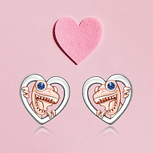 Heart Dinosaur Earrings Sterling Silver Studs for Cute Crystal Sapphire Jewelry Women's Statement Hypoallergenic Animal Valentine Gift