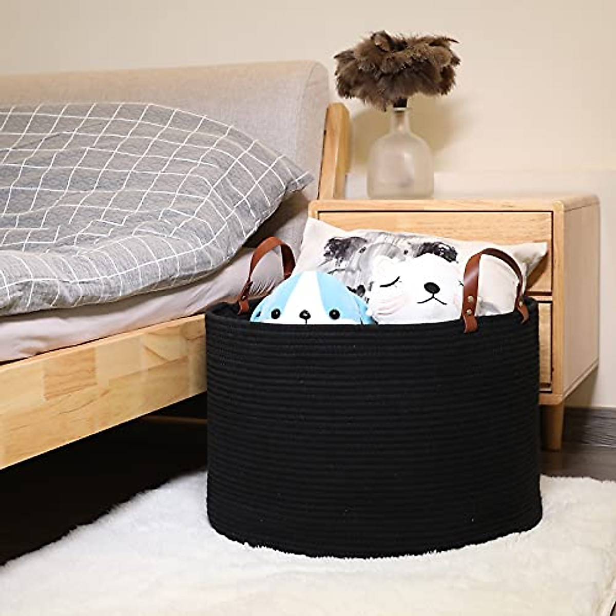 Cotton Rope Basket XXL Blanket Basket for Blankets Large Woven Storage Basket Round Rope Basket Black Toy Basket Woven Laundry Basket with Real Leather Handle, 20''X20''X13''