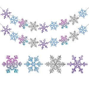 TaoBary 2 Pack Frozen Snowflake Banner Garland Frozen Birthday Party Decorations Winter Snowflake Banners Blue Purple Silver Glitter Snowflake Garland for Wonderland Baby Shower Decorations