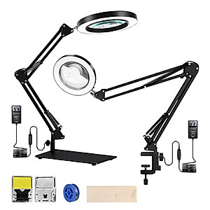 2-in-1 Magnifying Glass with Light and Stand,10X Magnifying Lamp with 3 Color Modes,Dimmable LED Lighted Magnifier Lamp & Clamp for Repair Reading,Crafts,Painting,Close Works (Black-3)