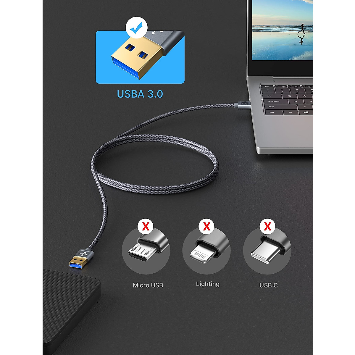 JSAUX USB 3.0 A to A Male Cable, USB to USB Cable 2 Pack(3.3ft+6.6ft) USB Male to Male Cable Double End USB Cord with Gold-Plated Connector for Hard Drive Enclosures, DVD Player, Laptop Cooler (Grey)