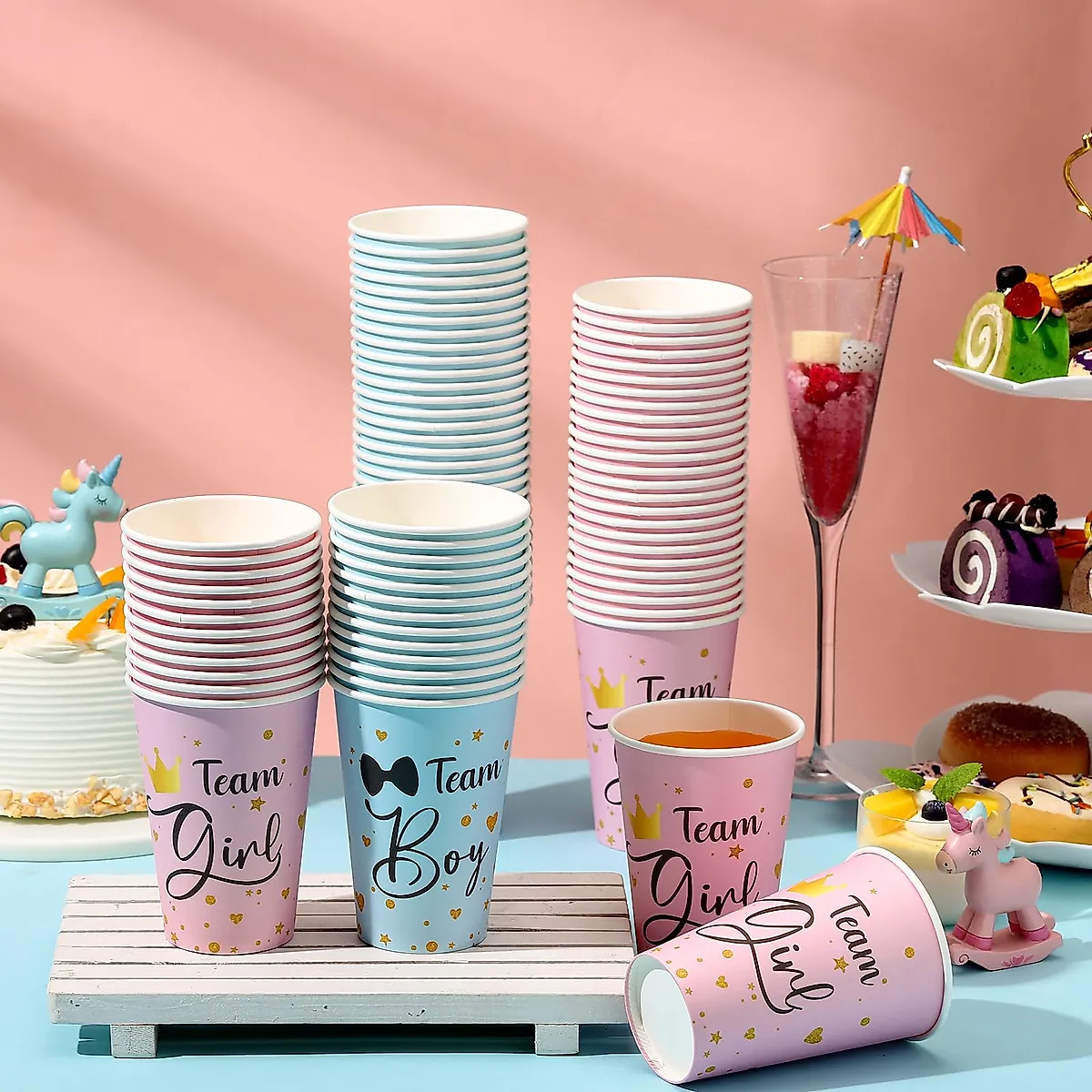 Colarr 100 Pcs Gender Reveal Party Paper Cups 12 oz Gender Reveal Cups Team Boy or Girl Gender Reveal Party Supplies Paper Baby Shower Cups Disposable Pink and Blue Cups for Gender Reveal Baby Shower