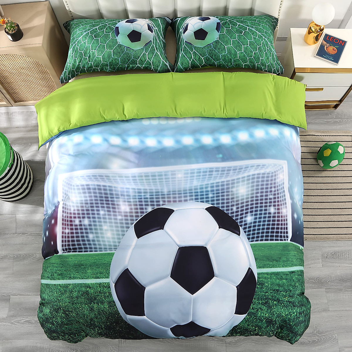 ENJOHOS Green Kids Duvet Cover Queen, 3 Piece 3D Soccer Bedding for All Season, Sports Theme Microfiber Comforter Cover Set with 2 Pillowcase（No Comforter No Fitted Sheet）