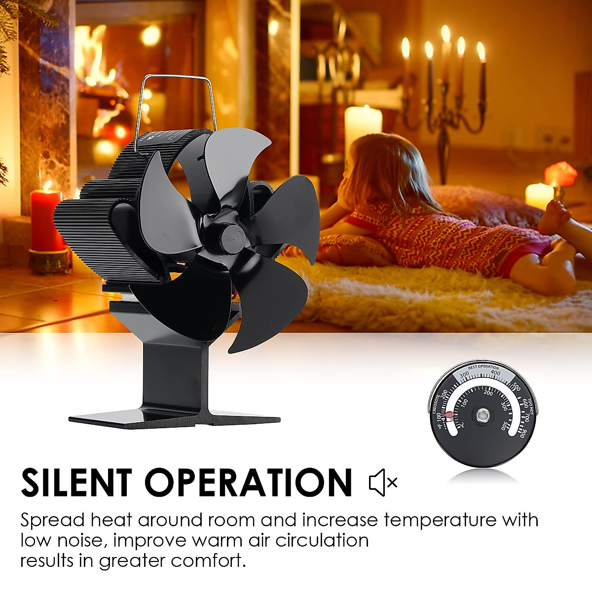 Heat Powered Stove Fan with Magnetic Thermometer, 5 Blade Wood Stove Fan, Ultra Quiet Non Electric Fireplace Fan for Wood Burner Stove/Log Burner/Fireplace