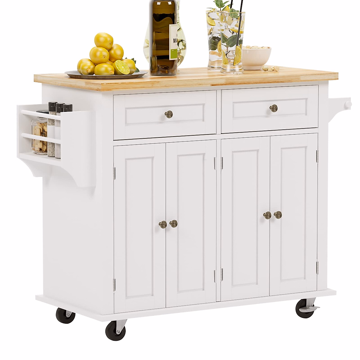 soges Rolling Kitchen Island Cart with Storage, Wood Trolley Cart with Spice and Towel Rack, Mobile Kitchen Storage Cabinet Island Table on Wheels, Serving Cart with Cabinet and Drawers,FZSR-HT01WT