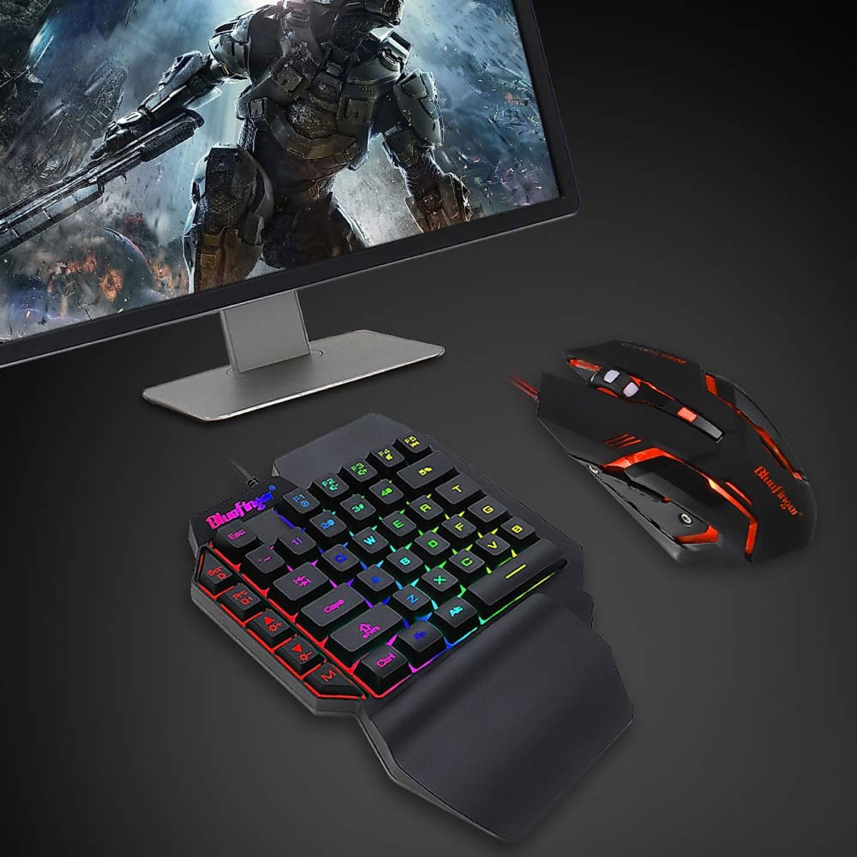 One Hand RGB Gaming Keyboard and Backlit Mouse and Gaming Headset with Microphone,USB Wired Rainbow Single Hand Mechanical Feeling Keyboard with Wrist Rest Support, Gaming Keyboard Set for Game
