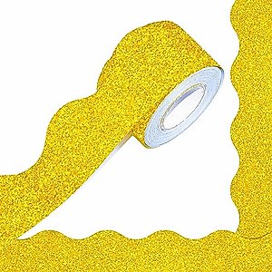 39 Feet Bulletin Board Borders, Golden Glitter Rolled Border Trim Scalloped Board Border with Wavy Line Design Decoration for School, Classroom & Office