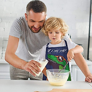 MHJY Kids Apron and Chef Hat for Boys Dinosaur Child Aprons with Pockets,Adjustable Child Apron for Cooking Baking Painting,Dark Blue,Small (3-7 Years)