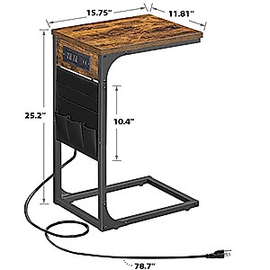 Slim End Table with Charging Station, Side Table with 2 USB Ports and Outlets, C-Shaped Snack Table with Cloth Bag, TV Tray Table, Couch Table TB01BB024