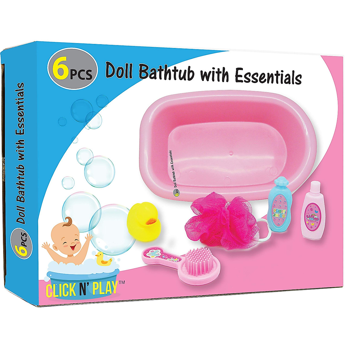 Click N' Play Baby Doll Bathtub Pretend Play Set with Accessories | Baby Bath Tub Play Set for Girls and Toddlers with 6 pcs Accessories | Baby Doll Bath Toy/Baby Doll Bathtub Set for Kids Ages 3+
