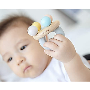 PlanToys Wooden Bell Rattle and Teether Toy (5250) | Pastel Color Collection |Sustainably Made from Rubberwood and Non-Toxic Paints and Dyes