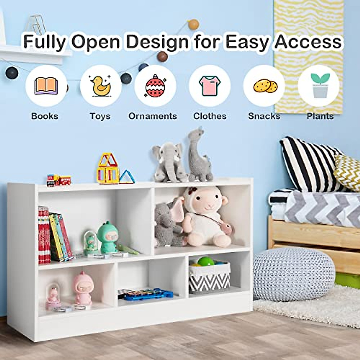 SILKYDRY Cube Bookcase, 2-Tier 5 Cube Open Storage Cabinet, Horizontal Bookshelf for Organizing Toys Books, Multipurpose Display Book Shelves for Home Office, Children's Rooms, Classroom (White)