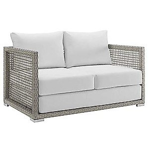 Modway Aura Outdoor Patio Wicker RattanSofa, Loveseat, Armchair and Coffee Table in Gray White