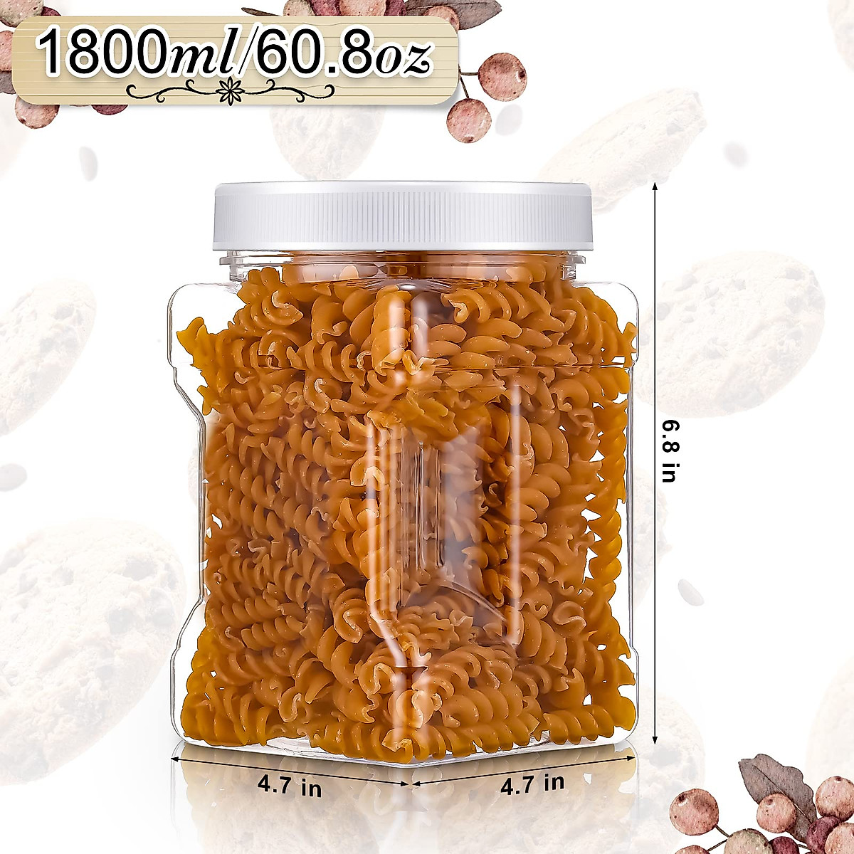 6 Pcs Half Gallon Square Plastic Containers with Lids 60.8 oz Clear Plastic Jars Storage Containers Grip Jars Large Mouth Square Canisters for Food Snack Kitchen