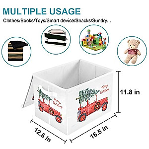 CaTaKu Retro Truck Tree Storage Bins with Lids and Handles, Fabric Large Storage Container Cube Basket with Lid Decorative Storage Boxes for Organizing Clothes