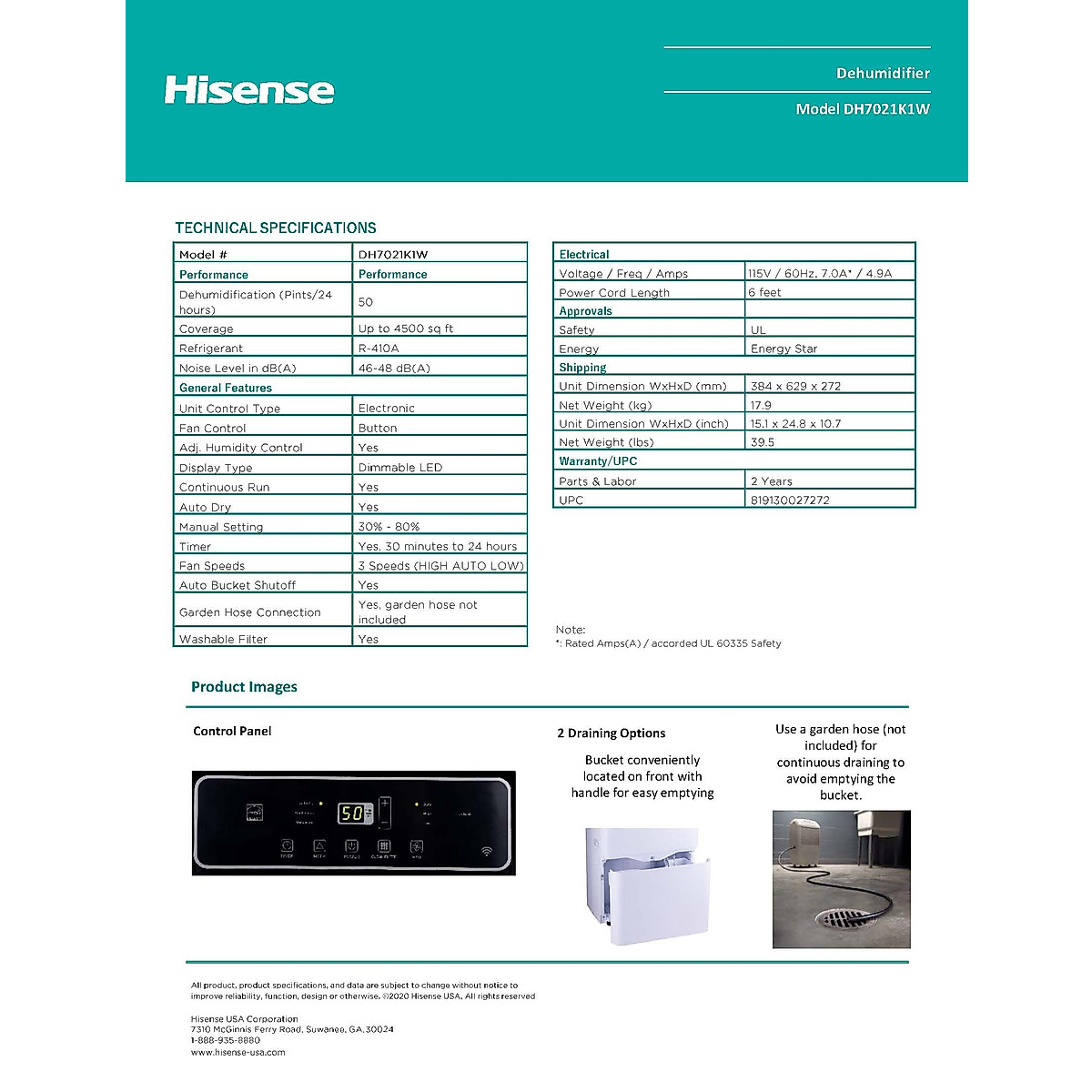Hisense 50 Pint 3-Speeds Dehumidifier, 3 Modes – Auto, Continuous, Manual, 115v, LED Display, Noise Level 46 dB, 24-hour on/off timer, Up to 4500 sq. ft. - DH7021K1W (Renewed)