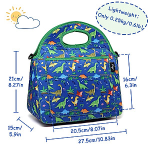 Kasqo Lunch Bag for Kids, Neoprene Insulated Boys Lunch Boxes Children’s Lunch Tote with Front Pocket and Detachable Adjustable Shoulder Strap in Cute Dinosaur