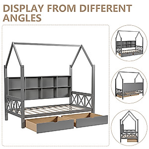 Bocarali Twin Bed Frame for Kids, House Bed with 2 Drawers, Platform Bed with Headboard and Wood Slats, Montessori House Bed with Fence for Boys Girls, 74.4" L x 40.2" W x 71" H, Gray