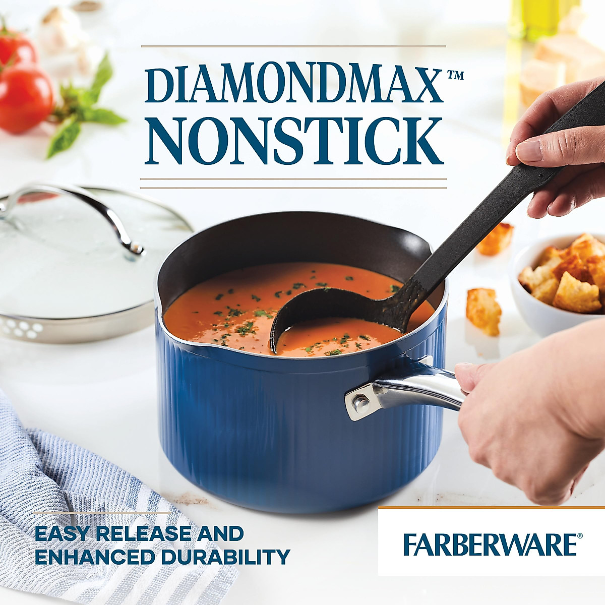 Farberware Style Nonstick Cookware Straining Saucepan with Lid, 3 Quart, Blue