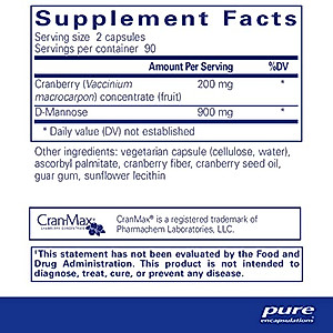 Pure Encapsulations Cranberry/D-Mannose | Supplement Made from 100% Cranberry Fruit Solids to Support Urinary Tract Health* | 180 Capsules