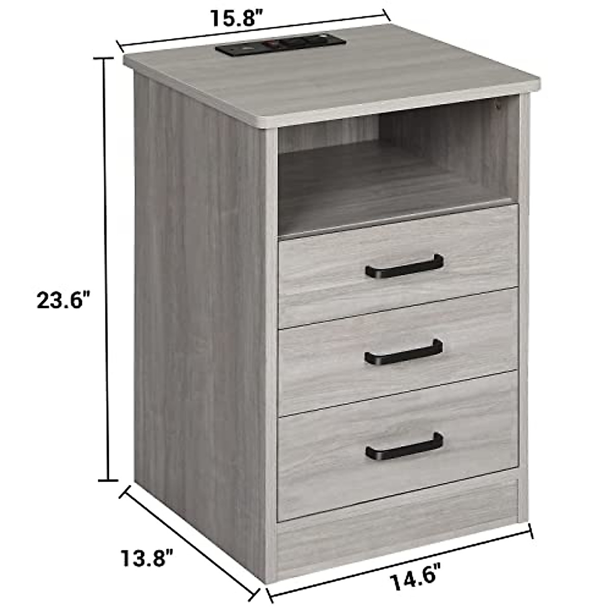 Tiptiper Nightstand Set of 2 with Charging Station,Grey Night Stands for Bedroom,Bedside Table with Drawers & USB Ports, 13.8D x 15.8W x 23.6H in