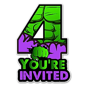 20 Super Hero 4th Birthday Party Invitations with Envelopes Double Sided Green Superhero Shaped Fill-in Invitations Invites for 4 Year Old