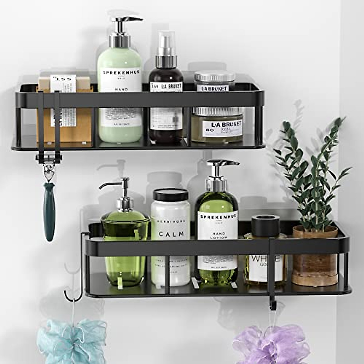 Eleulife Shower Caddy Shelf Basket, 2 Pack Shower Organizer No Drilling Adhesive Shower Storage Shelves Rack for Bathroom, Kitchen, Toilet, No Drilling, Rustproof (Black)