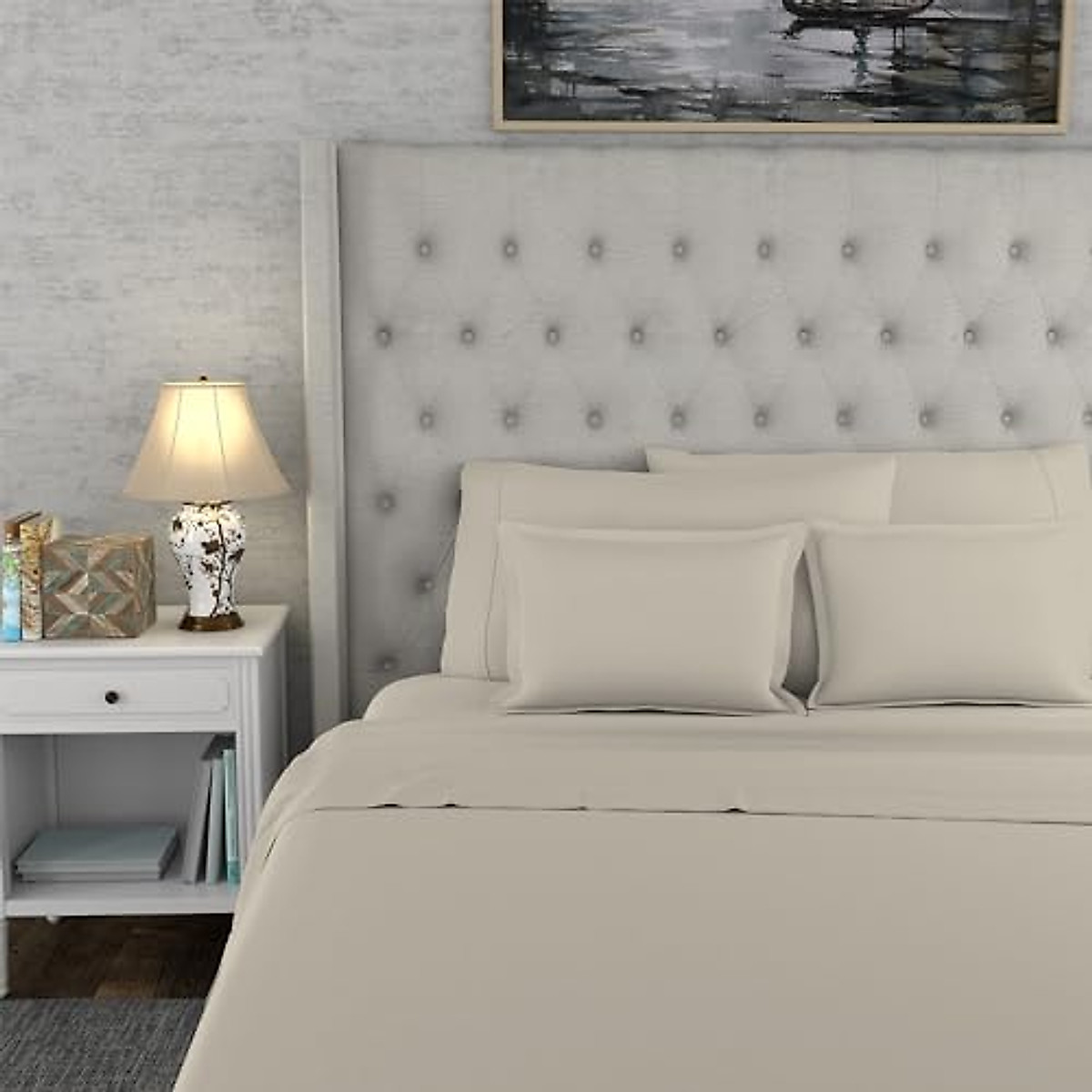 SUPREME ELEGANCE Hotel Luxury Cotton Blend Beige Sheet Set Queen Size, 1200 Thread Count Ultra Soft Sateen Sheet Set, Moisture Wicking & Wrinkle Resistant, Easy Care Fall Bedding Set