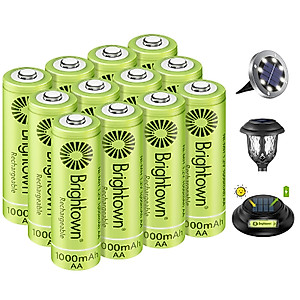 Brightown 12-Pack Rechargeable AA Batteries - 1000mAh 1.2V NiMH High Capacity Batteries - Ideal for Solar Lights & Home Devices, Recharge up to 1000x Times, Pre-Charged