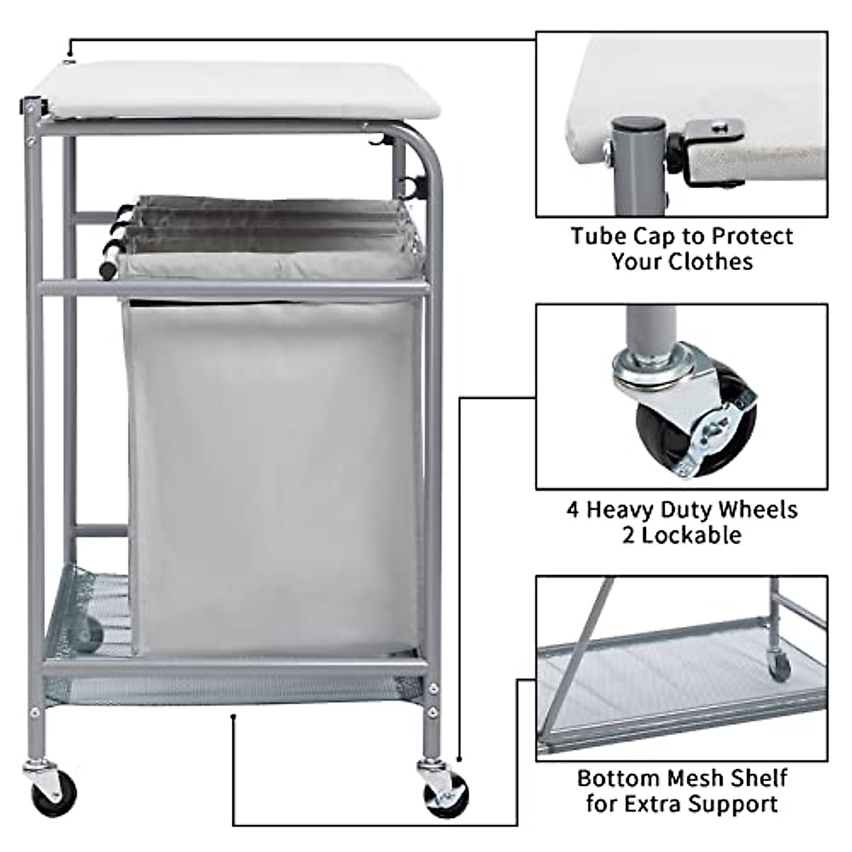 ALIMORDEN Laundry Sorter Cart Heavy Duty 3 Bags Classic Rolling Side pull Laundry Hamper Sorter with Ironing Board and 4 Wheels Grey