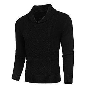 COOFANDY Men's Shawl Collar Sweaters V-Neck Cotton Relaxed Fit Cable Pullover (Black&, Medium)