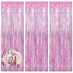 Fringe Backdrop, Pink Backdrop, Foil Fringe Curtains, 3 PCS 3.3x6.6ft Tinsel Curtain Backdrop Streamers for Valentine's Day Birthday Wedding Bachelorette Party Supplies Graduation Decorations