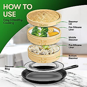ÜM Homes 10 Inch Bamboo Steamer Basket, 2 Tier Basket Cooking Dumplings, Vegetable, Steamer Dim Sum, 2 Pairs of Chopsticks, 2 Sauce Trays, 2 Reusable Silicone Liners, 1 Steaming Ring, 1 Dumpling Maker