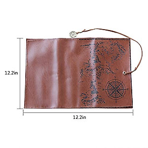 Canvas Leather Pencil Bag Roll,Vintage Treasure Map Pattern Pen Case Holder Organizer,Soft Wrap Bag Stationery Makeup Pouch Roll Up Style (Brown)