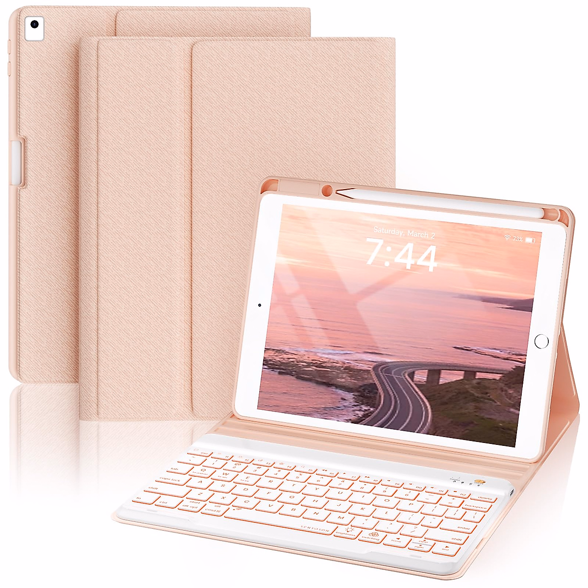 OYEEICE for iPad 9th Generation Case with Keyboard 10.2'' - 7 Color Backlit Wireless Keyboard Cover with Pencil Holder for iPad 9th/8th/7th Gen 10.2 inch, iPad Air 3rd Gen & iPad Pro 10.5" - Pink