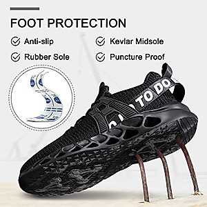 Steel Toe Shoes for Men Work Sneakers Indestructible Safety Shoes Men Lightweight Puncture Proof Shoes Slip on Breathable Industrial Construction Sneakers Black