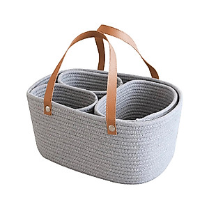 Oliver & Emilia Storage Basket – Portable Small Decorative Woven Cotton Rope Organizer - Leather Handle & Three Removable Bins for Toy, Baby Gift, Laundry, Living Room, Nursery, Towel, Blanket - Grey