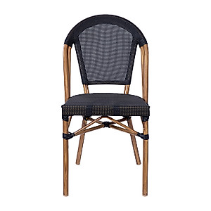 BizChair Set of 2 Indoor/Outdoor Commercial Bistro Stacking Chair, Black Textilene Back and Seat, Bamboo Print Aluminum Frame in Natural