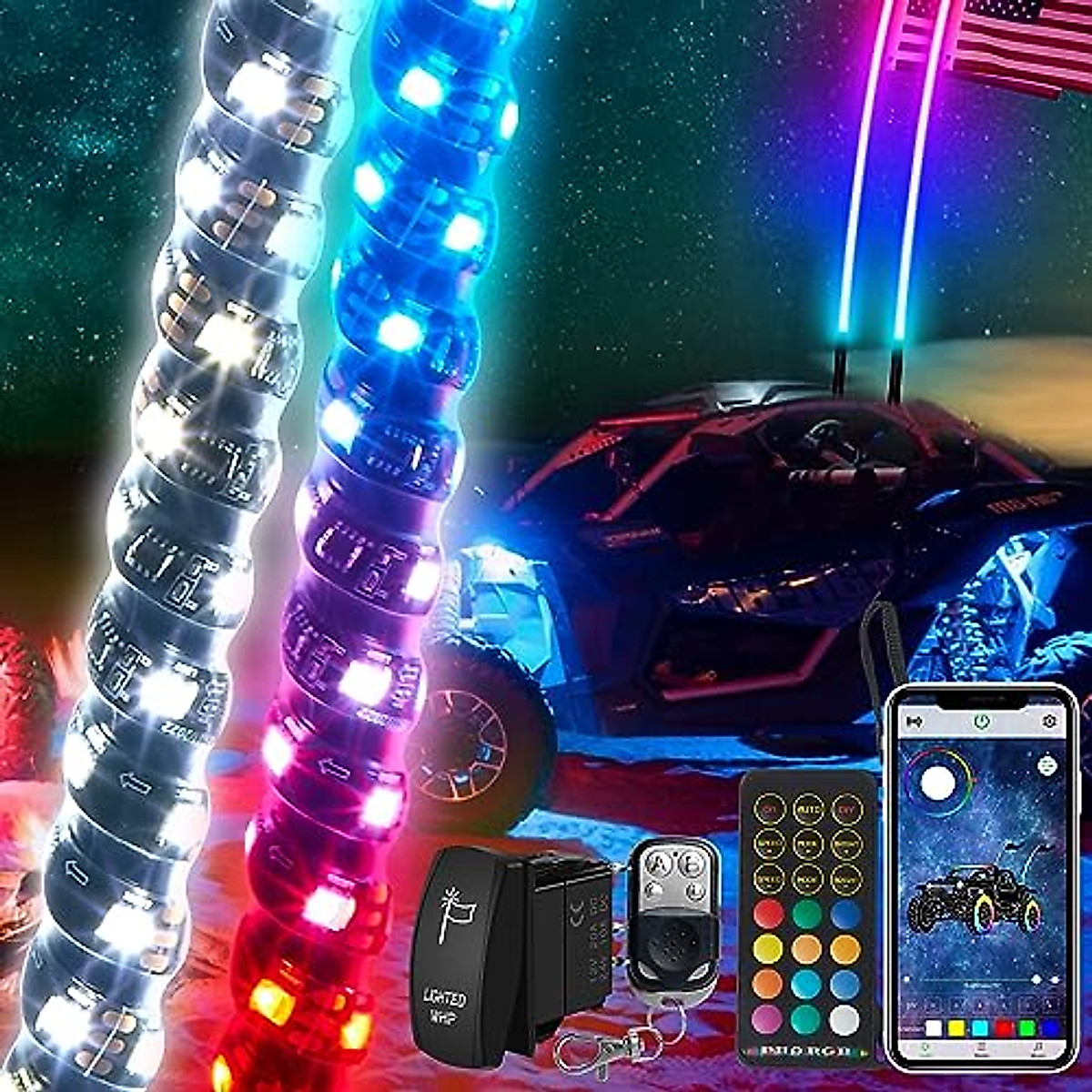 SUZCO 2PCS 2FT Heavy-Duty LED Chasings Spiral Whip Lights with IR&RF&APP, Pure White 6000K 138Leds Dancing Whip Light with Turn/Brake/Warning/Reverse Signal Fit for ATV UTV RZR Off-Road Truck Can-Am
