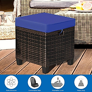 Giantex 2-Piece Rattan Patio Ottoman, All Weather Wicker Ottoman w/Removable Cushion & Steel Frame, Outdoor Footstool Footrest Furniture (Navy Blue)