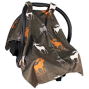 Dear Baby Gear Deluxe Reversible Car Seat Canopy, Custom Minky Print, Faux Quilt Rust Adventure and Moose on Brown