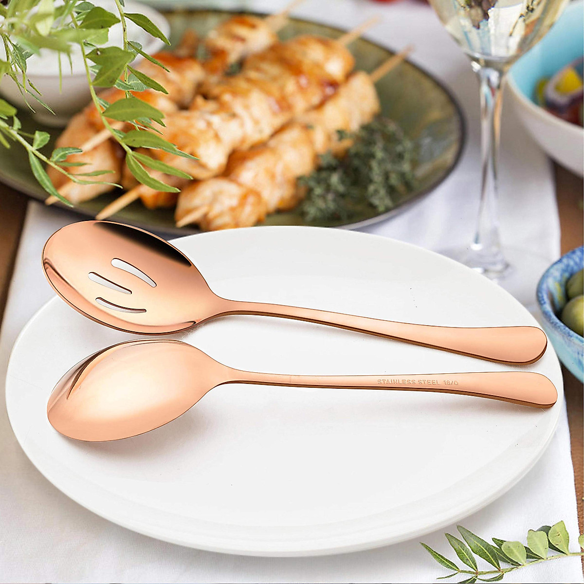 LIANYU 6-Piece Copper Serving Spoons, Copper Slotted Serving Spoons, Stainless Steel Rose Gold Serving Utensils for Party Buffet Restaurant Banquet Dinner Catering, 8 3/4 Inch, Dishwasher Safe