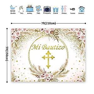Riyidecor Mi Bautizo Baptism First Holy Communion Backdrop for Girl God Bless Christening 7Wx5H Polyester Fabric Boho Pink Pampas Grass Floral Newborn Party Background Baby Shower Decor Banner