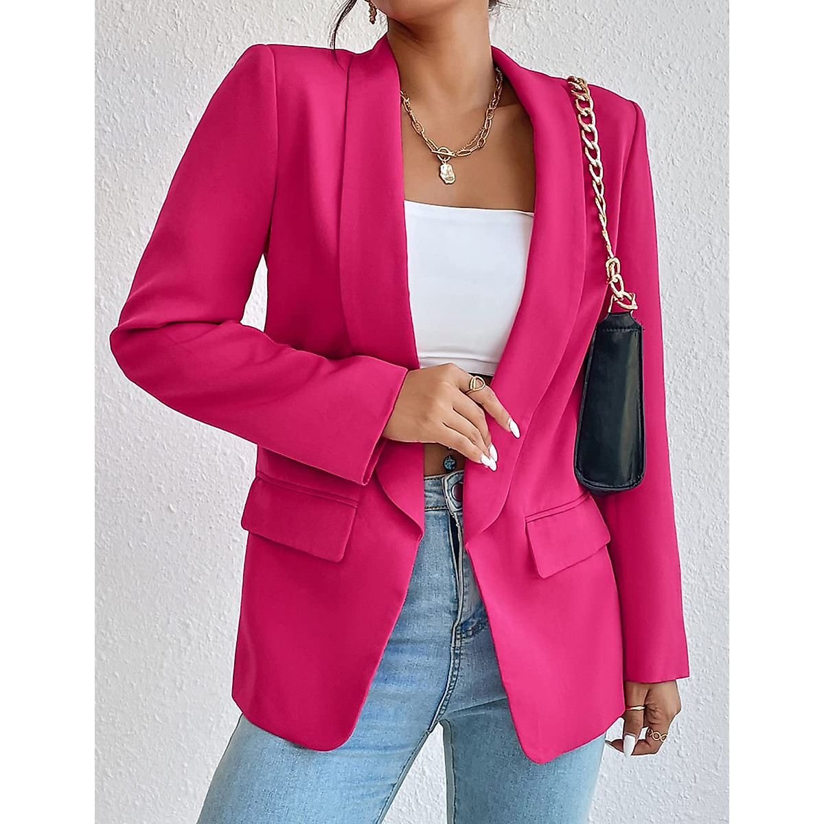 Womens Long Sleeve Blazers Casual Open Front Lapel Button Slim Work Office Blazer Jacket(Rose,Medium)