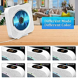 Qoosea CD Player with Bluetooth, Portable Wall Mountable CD Player with Dust Cover, Small Kpop CD Player Gift Home Audio Boombox with Remote Control FM Radio Colorful Light Headphone Jack AUX