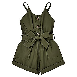 ODIMAME Girl Clothes Size 7-8 Girl Romper Summer Short Jumpsuit V-neck Adjustable Spaghetti Straps Side Pockets Outfits Green 7-8 Years Old