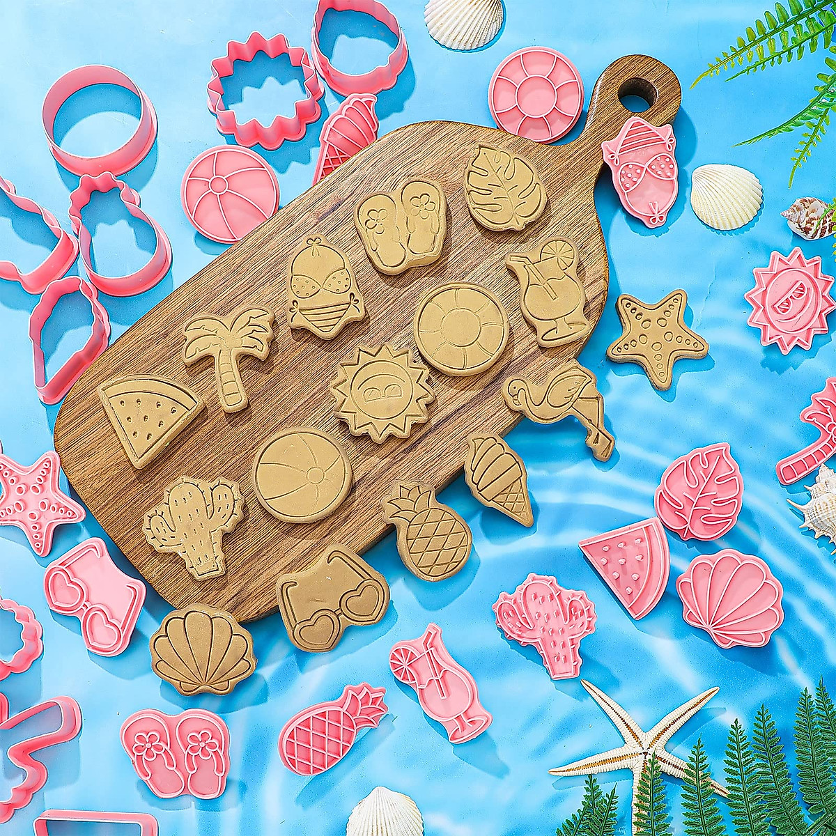 16 Pcs Summer Beach Cookie Cutters with Plunger Stamps Set Tropical Cookie Molds Beach Party Supplies Biscuit Fondant Cutters, Pineapple Flamingo Palm Tree Starfish Seashell Sunglasses Ice Cream