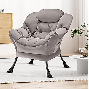 Congermom Fabric Lazy Chair Large Accent Chair,Velvet Frabic Modern Lounge Reading Chair with Armrests & Side Pocket,Upholstered Armchair for Living Room,Bedroom,Dorm,Light Grey
