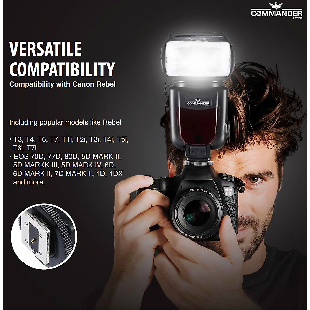 Commander Optics E-TTL Flash Speedlite Bounce/Swivel with LED Backlit for Canon Rebel T7, SL3, 4000D, 850D, 80D, 90D, R, RP, R5, R6, R8, 6D Mark II, 5D Mark IV & More Camera Flash for Canon